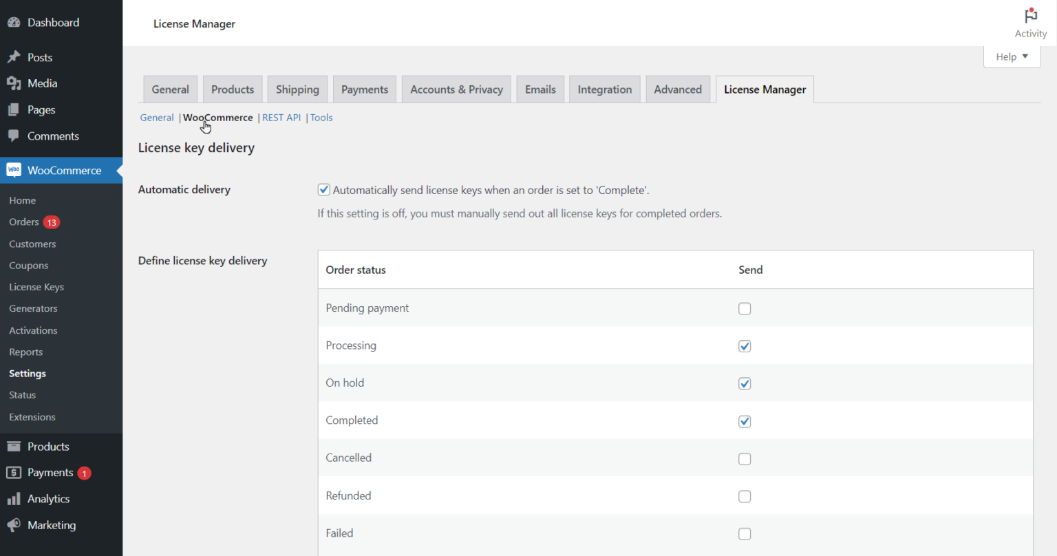 Plugin settings | WooCommerce | License Manager for WooCommerce